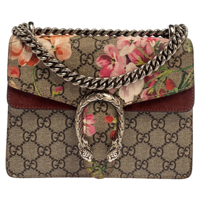 Gucci Maroon/Beige GG Supreme Blooms Canvas and Suede Mini Dionysus ...