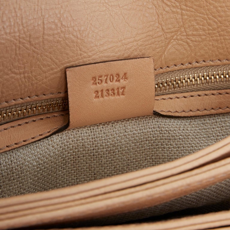 GUCCI Marrakech Medium monogram canvas tan leather braid fringe tassel ...