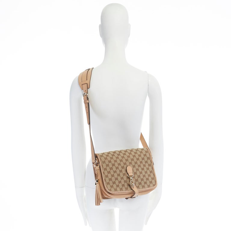 GUCCI Marrakech Medium monogram canvas tan leather braid fringe tassel ...
