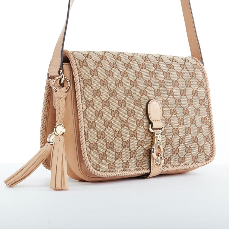 GUCCI Marrakech Medium monogram canvas tan leather braid fringe tassel ...