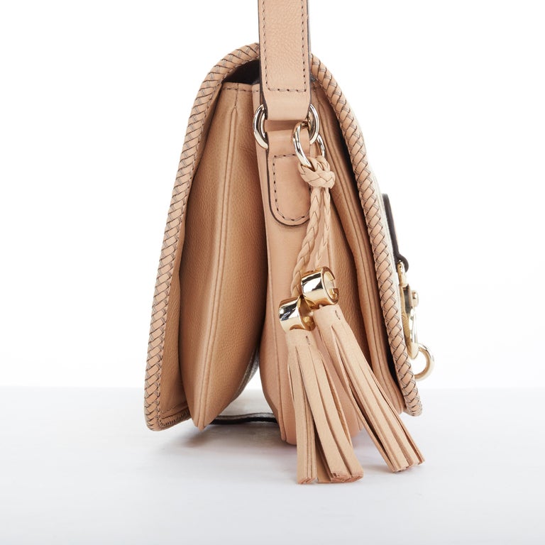 GUCCI Marrakech Medium monogram canvas tan leather braid fringe tassel ...