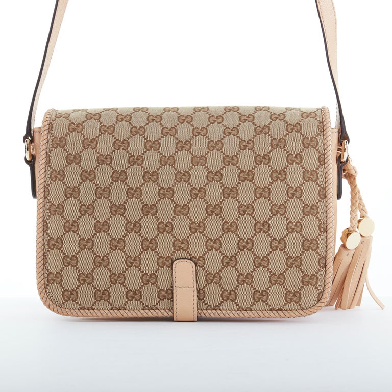 GUCCI Marrakech Medium monogram canvas tan leather braid fringe tassel ...