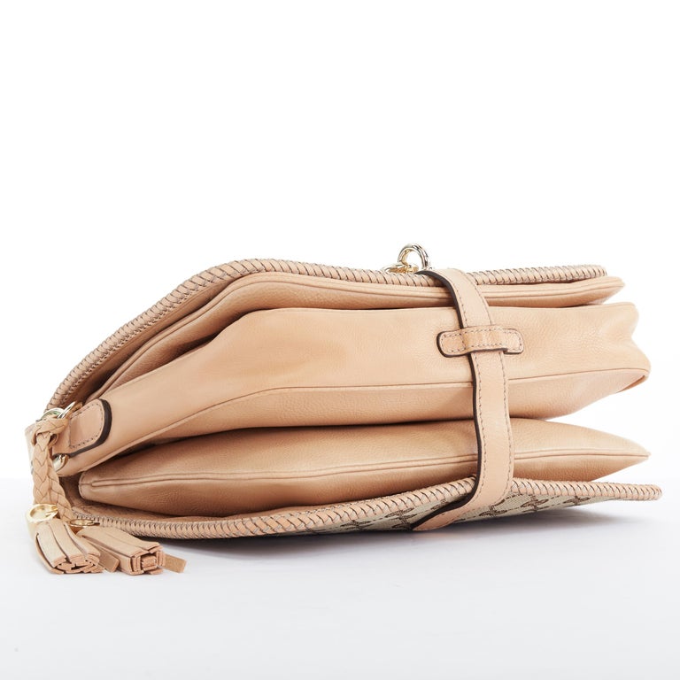 GUCCI Marrakech Medium monogram canvas tan leather braid fringe tassel ...