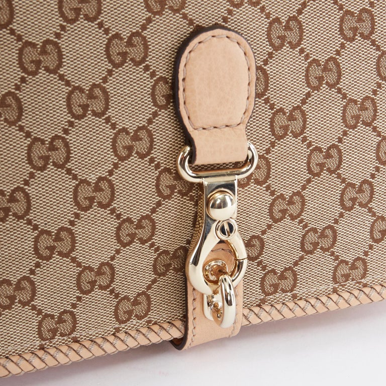GUCCI Marrakech Medium monogram canvas tan leather braid fringe tassel ...