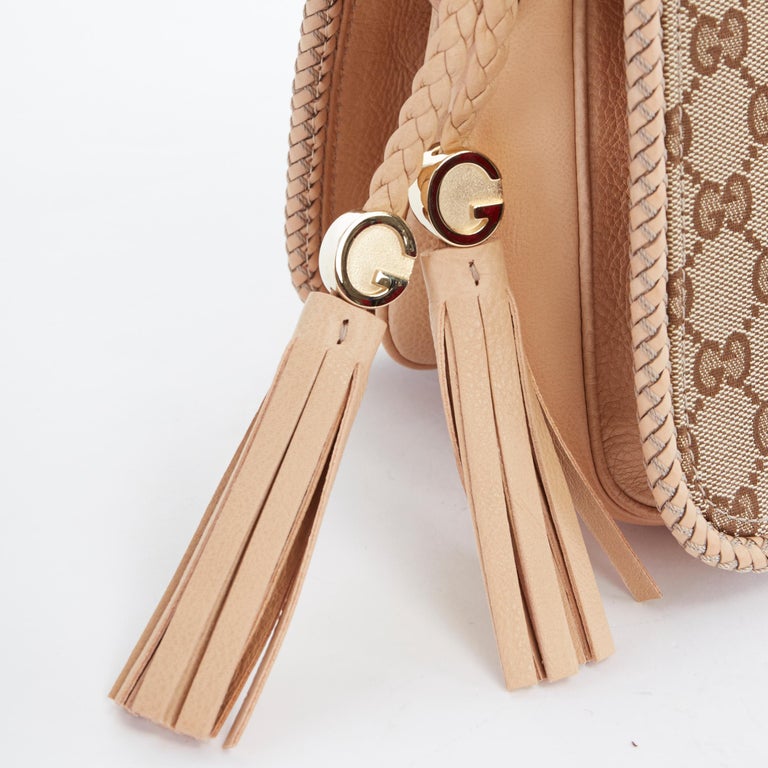 GUCCI Marrakech Medium monogram canvas tan leather braid fringe tassel ...