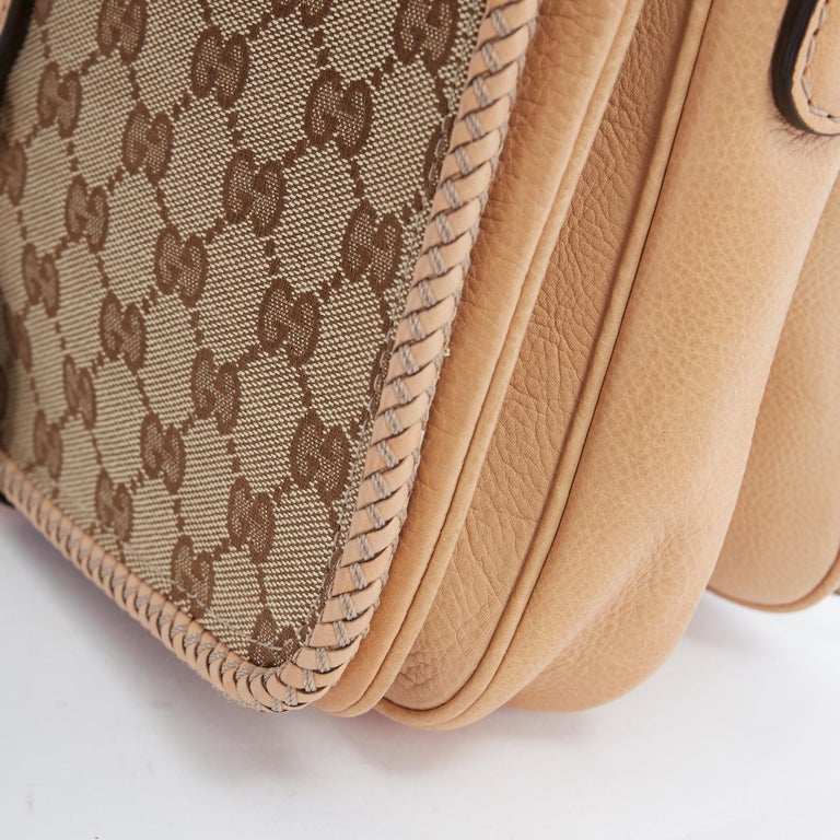 GUCCI Marrakech Medium monogram canvas tan leather braid fringe tassel ...