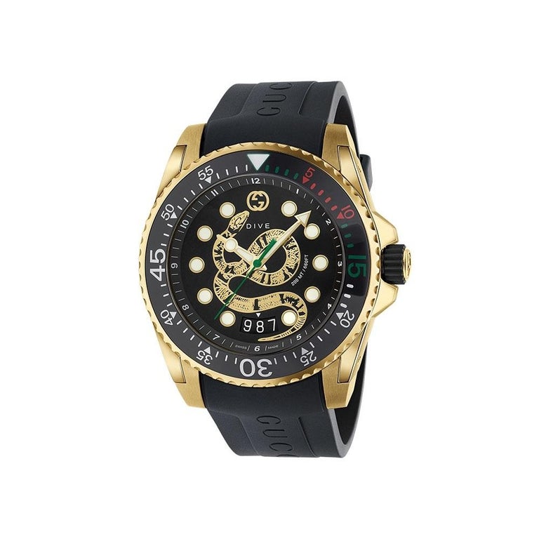 Gucci Men's Dive Gold-Plated Snake Dial Black Rubber Strap Watch ...