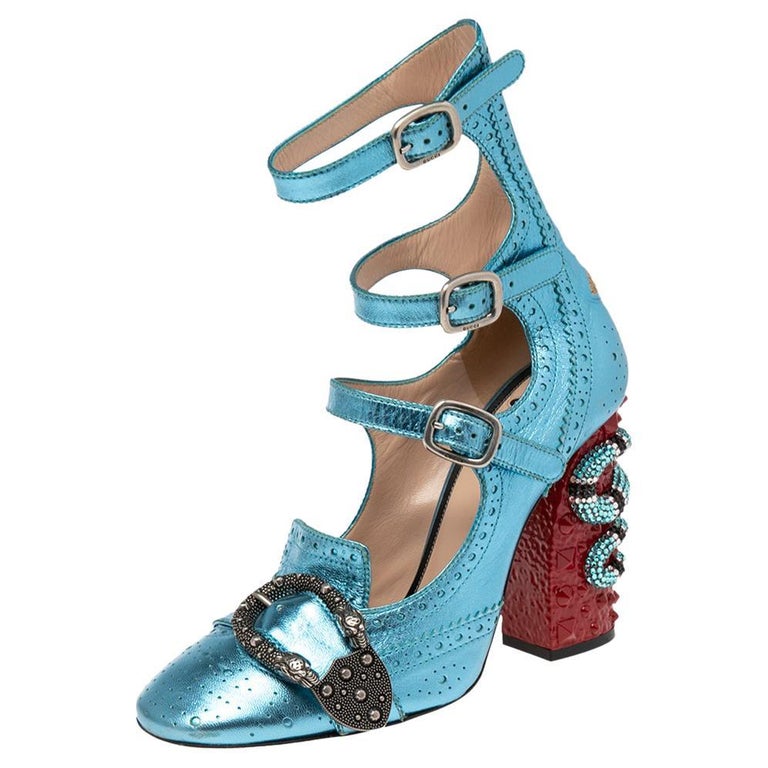 Gucci Metallic Blue Brogue Leather Queercore Pumps Size 38.5 at 1stDibs
