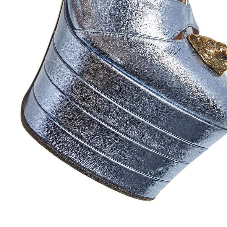 Gucci Metallic Blue Leather Angel T Strap Platform Sandals Size 38 at ...