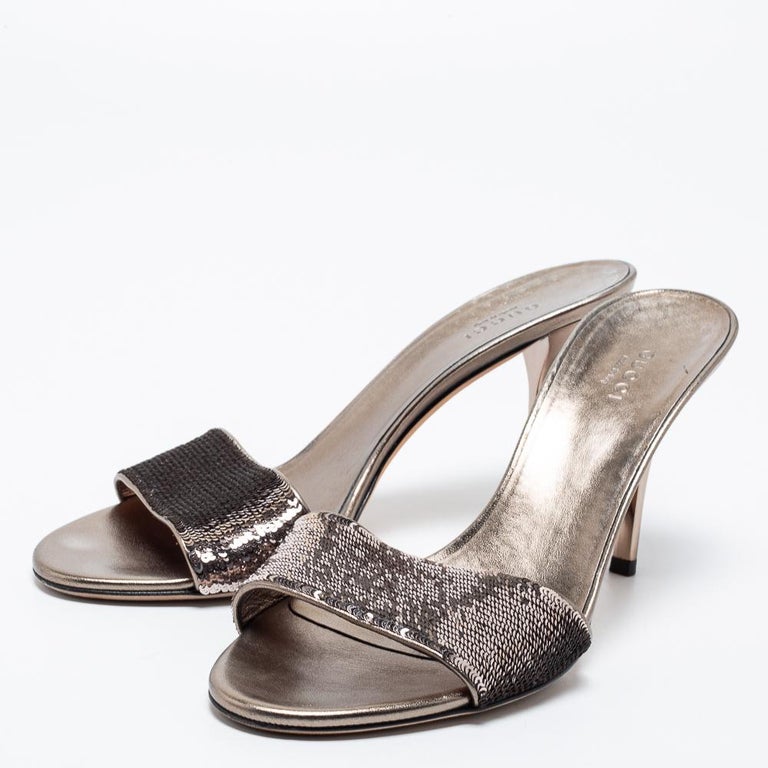 Gucci Metallic Bronze Leather And Sequin Embellished Slide Sandals Size ...