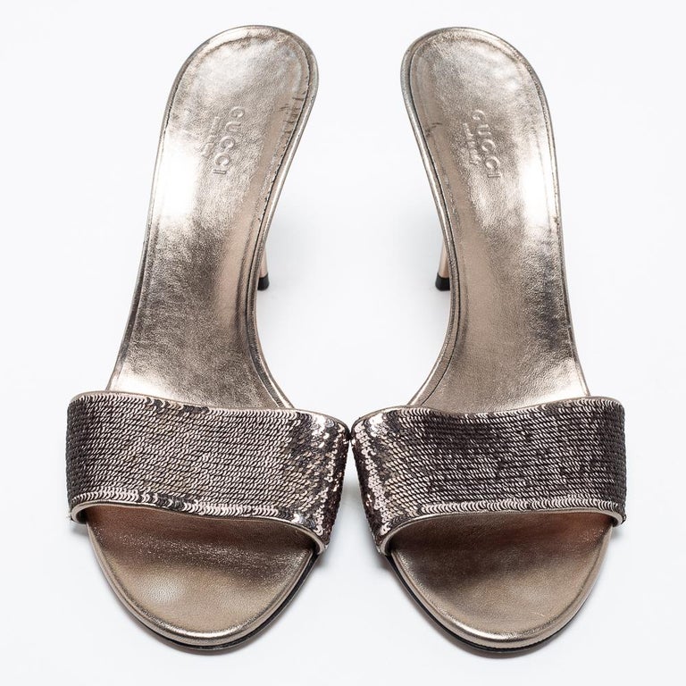 Gucci Metallic Bronze Leather And Sequin Embellished Slide Sandals Size ...