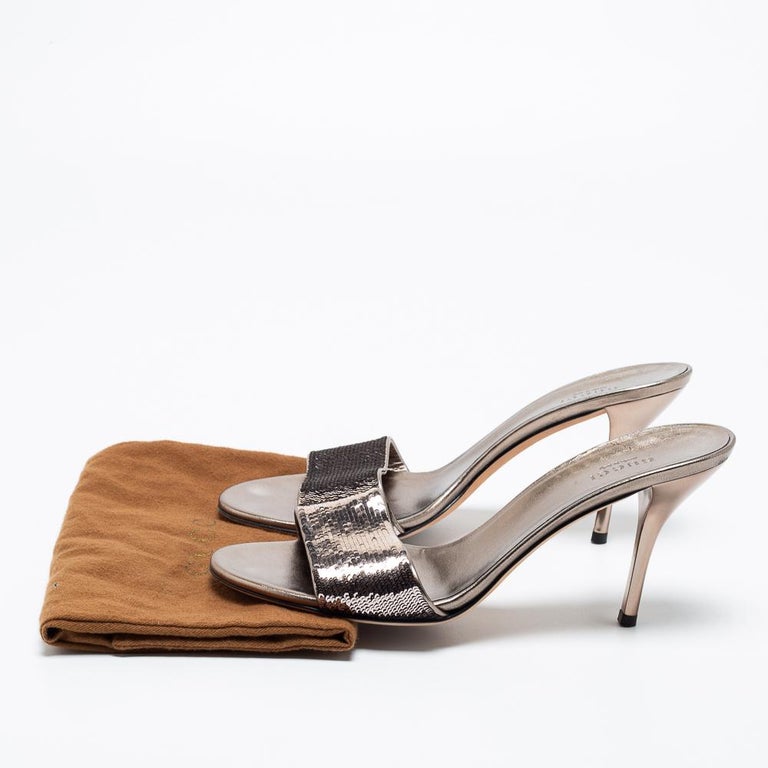 Gucci Metallic Bronze Leather And Sequin Embellished Slide Sandals Size ...