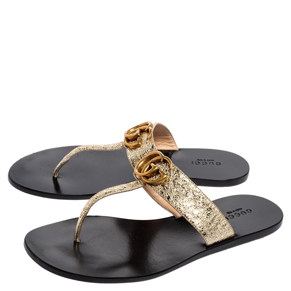 Gucci Metallic Gold Crinkled Leather GG Marmont Thong Gucci Metallic Gold Crinkled Leather GG Marmont Thong