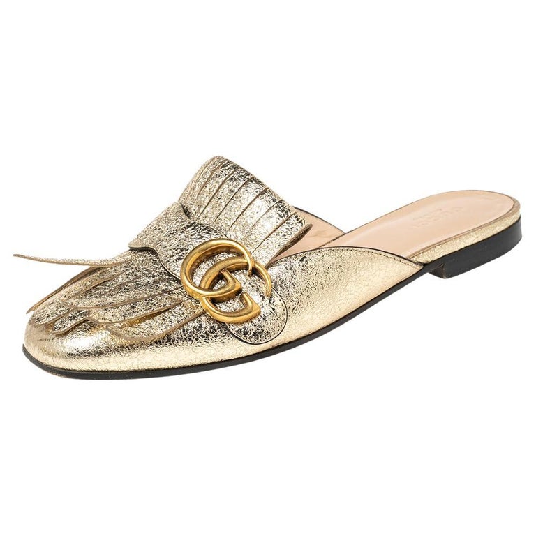 Gucci Metallic Gold Crinkled Leather Marmont Kiltie GG Fringe Mules ...
