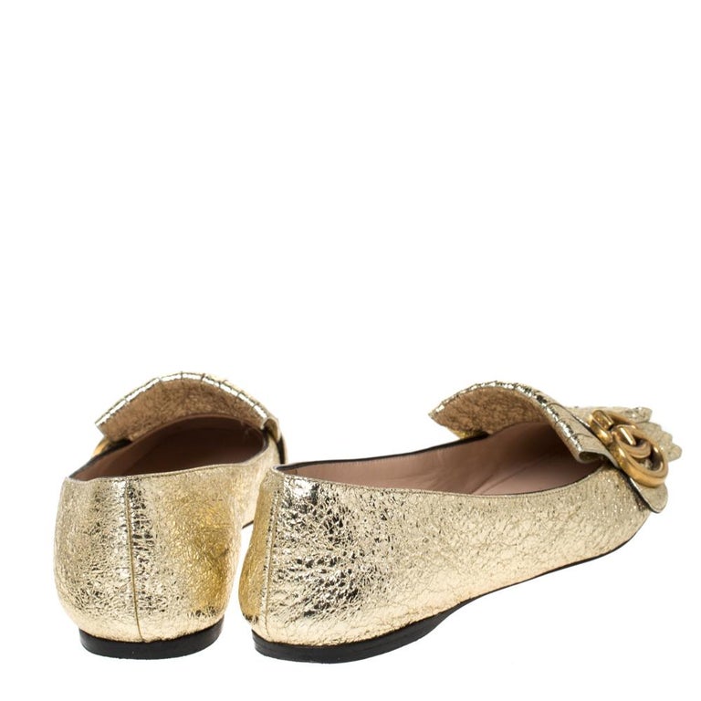 Gucci Metallic Gold Foil Leather GG Marmont Fringe Detail Flats Size 35 ...