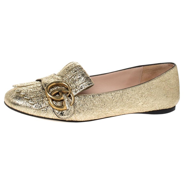 Gucci Metallic Gold Foil Leather GG Marmont Fringe Detail Flats Size 35 ...