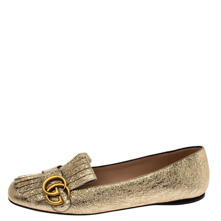 Gucci Metallic Gold Foil Leather GG Marmont Fringe Detail Flats Size 38 ...