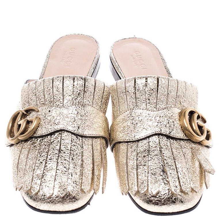 Gucci Metallic Gold Foil Leather GG Marmont Kiltie Mules Size 35.5 For ...