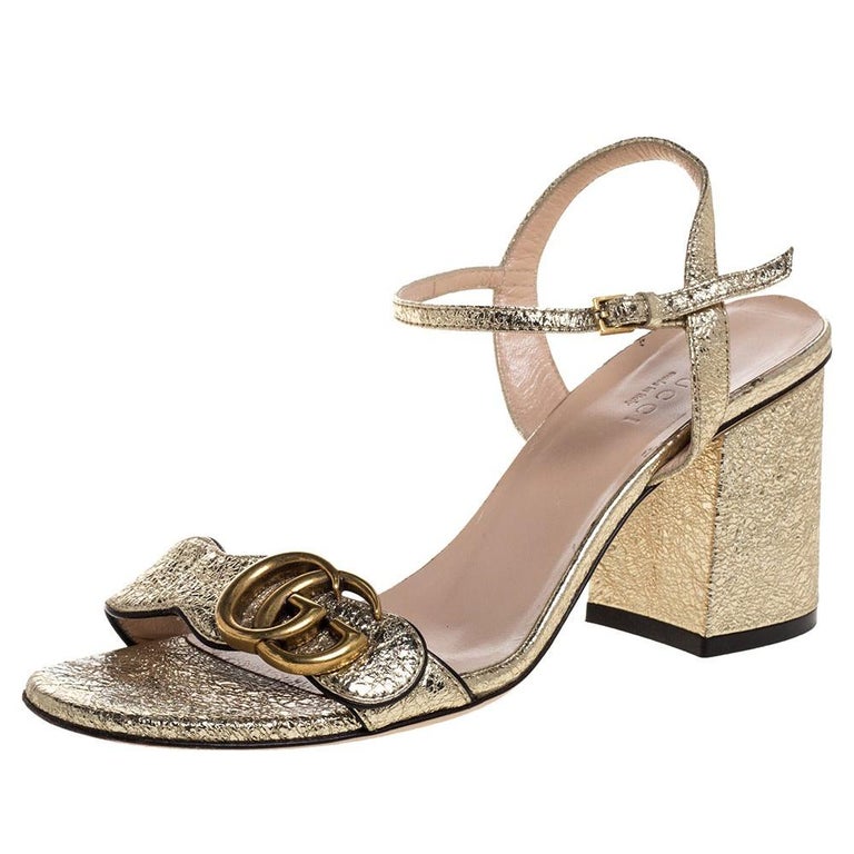 Gucci Metallic Gold Foil Leather Marmont Block Heel Ankle Strap Sandals
