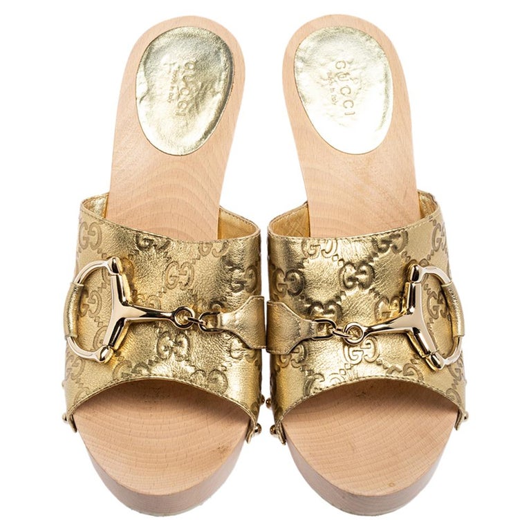 Gucci Metallic Gold 'GG' Monogram 'Icon Bit' Wooden Clog Slides Size 39 ...