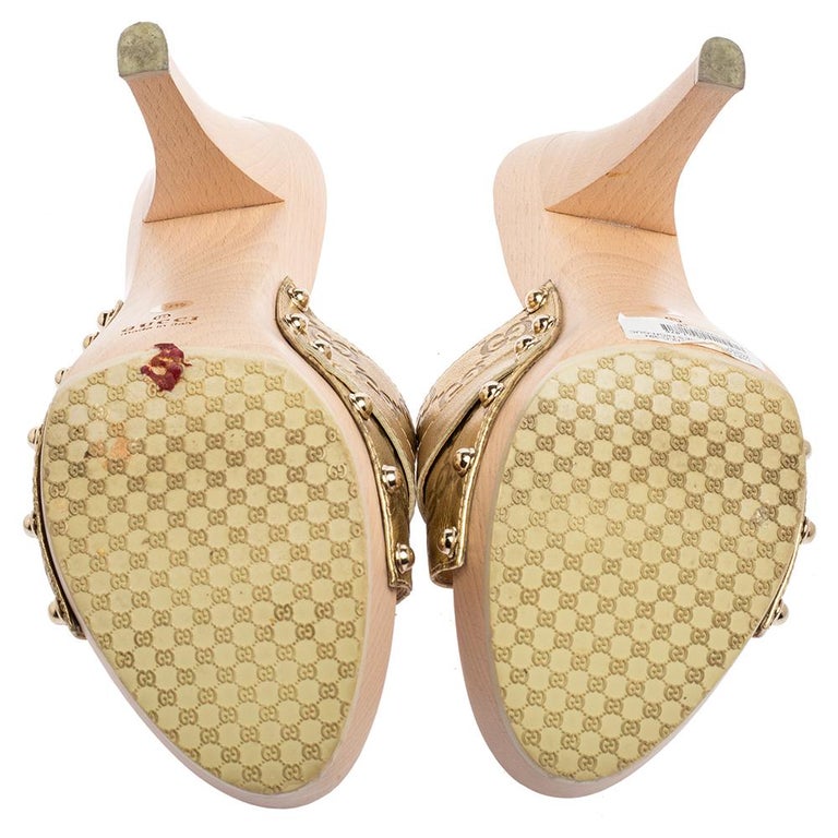 Gucci Metallic Gold 'GG' Monogram 'Icon Bit' Wooden Clog Slides Size 39 ...