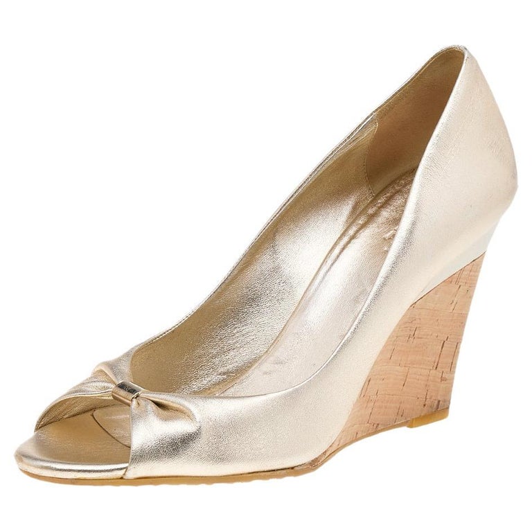Gucci Metallic Gold Leather Cyprus Cork Wedge Open Toe Pumps Size 37.5 ...