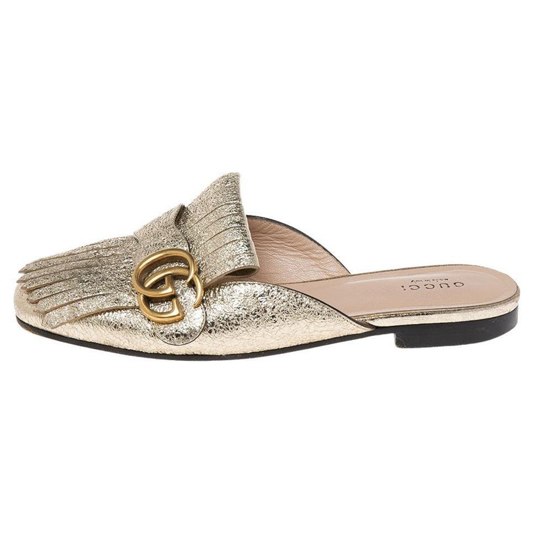 Gucci Metallic Gold Leather GG Marmont Fringe Mule Sandals Size 36 at ...