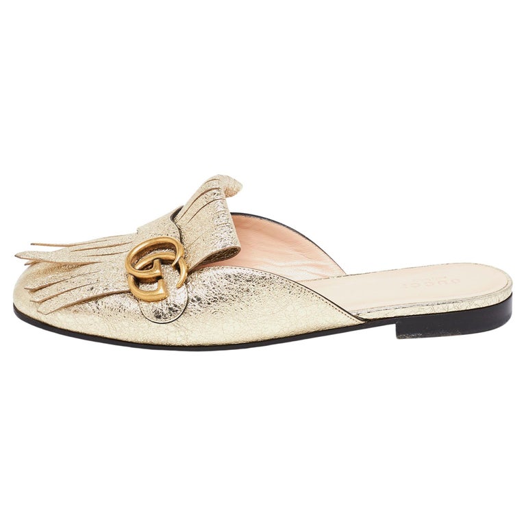 Gucci Metallic Gold Leather GG Marmont Fringe Mule Sandals Size 39 For ...
