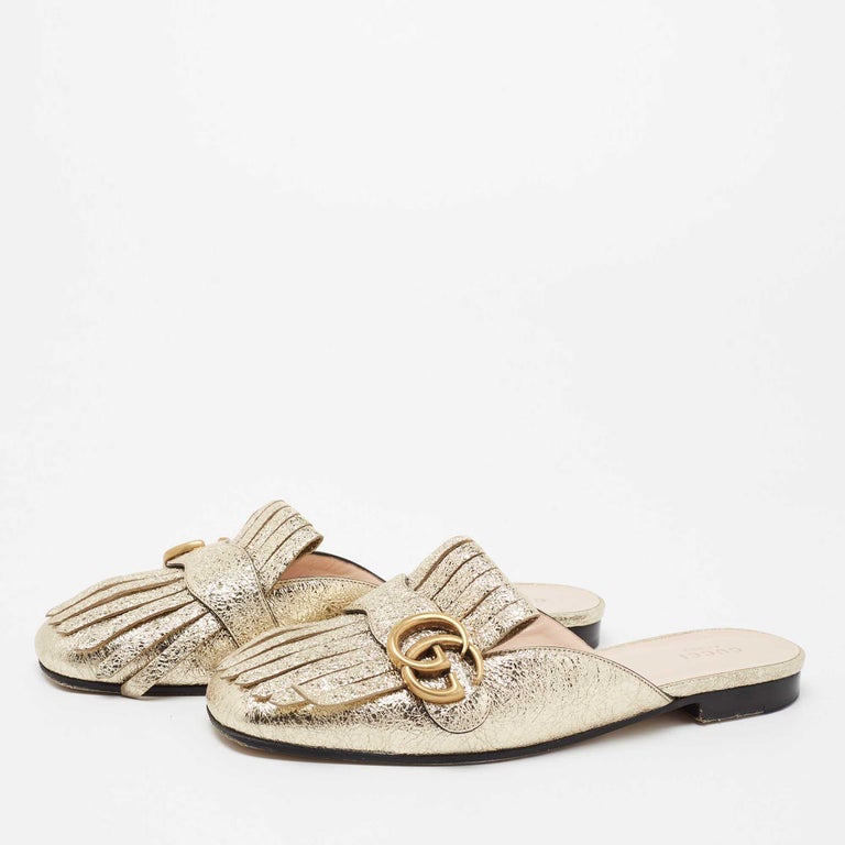 Gucci Metallic Gold Leather Marmont Kiltie GG Fringe Mules Size 37.5 ...