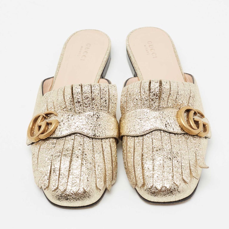 Gucci Metallic Gold Leather Marmont Kiltie GG Fringe Mules Size 37.5 ...