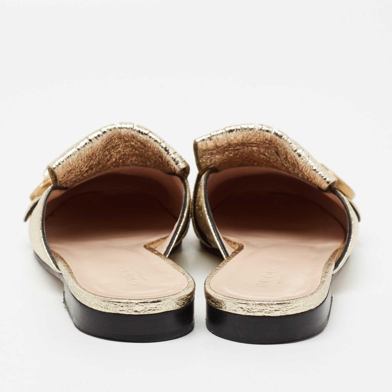 Gucci Metallic Gold Leather Marmont Kiltie GG Fringe Mules Size 37.5 ...