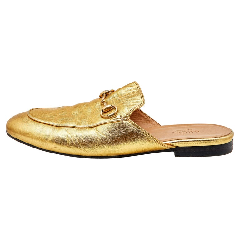 Gucci Metallic Gold Leather Princetown Horsebit Flat Mules Size 38 For ...