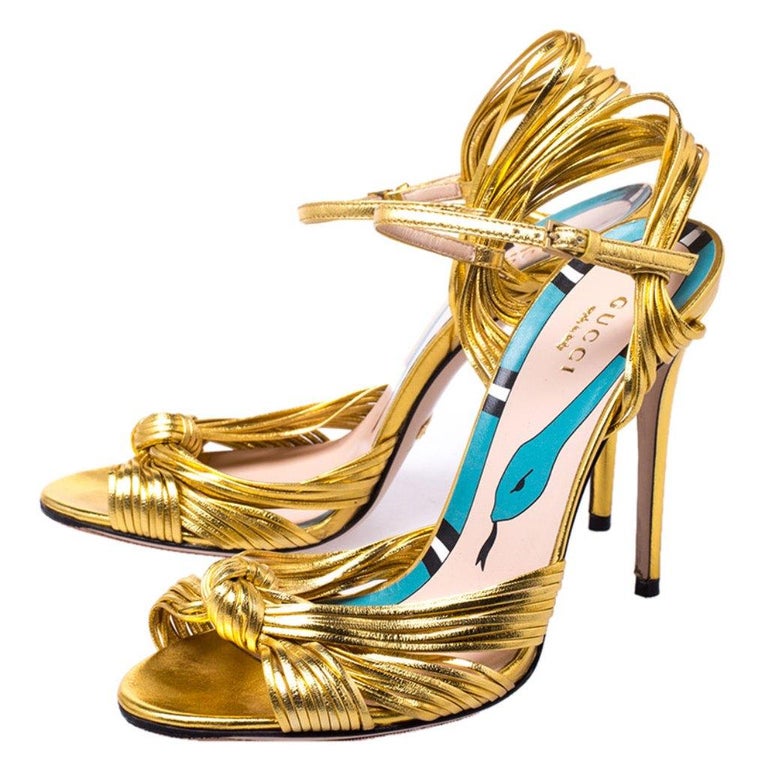 Gucci Metallic Gold Leather Strappy Allie Knot Sandals Size 37.5 at ...