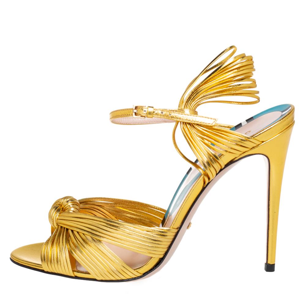 Gucci Metallic Gold Leather Strappy Allie Knot Sandals Size 39 at ...