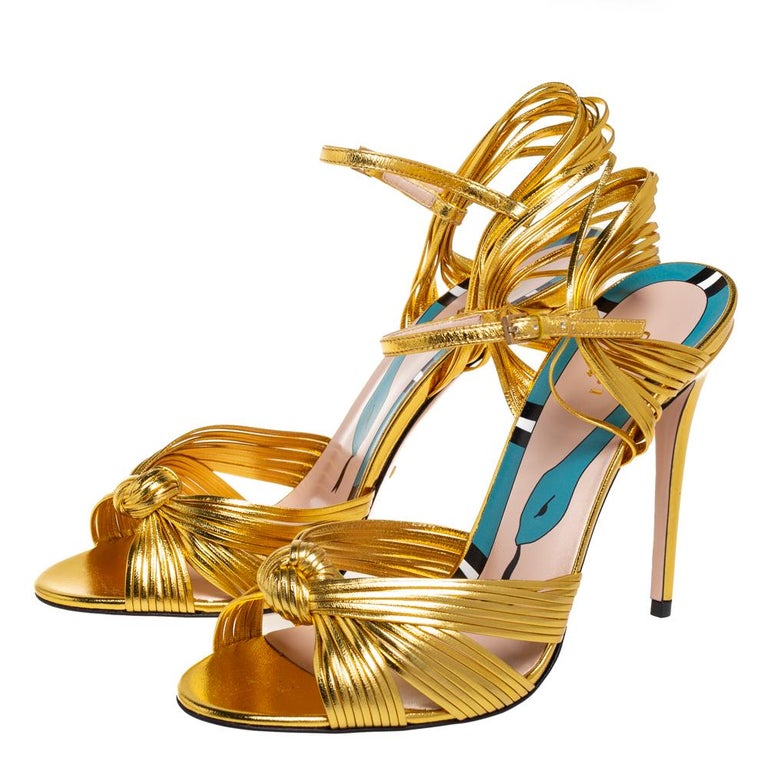 Gucci Metallic Gold Leather Strappy Allie Knot Sandals Size 39 at 1stDibs