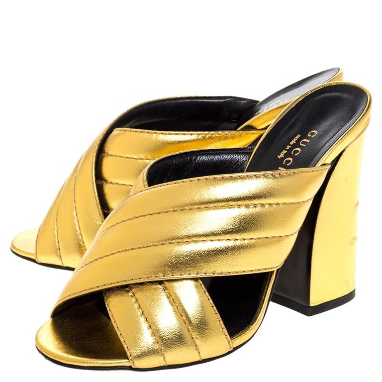 Gucci Metallic Gold Leather Sylvia Cross Strap Block Heel Sandals Size ...