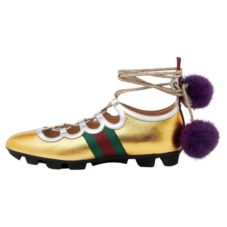 Gucci Metallic Gold/Silver Leather Pom-Pom Tie Up Titan Sneakers Size ...