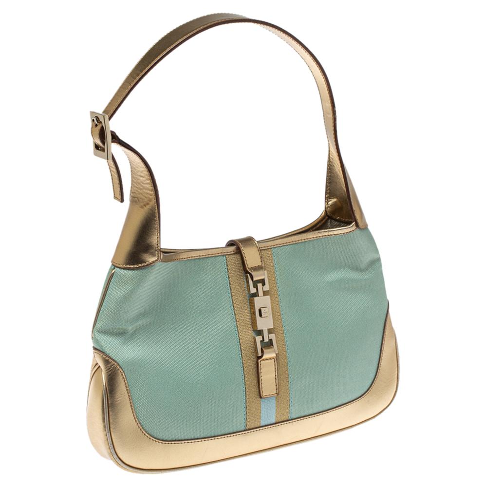 Gucci Metallic Gold/Turquoise Mesh and Leather Jackie Hobo at 1stDibs