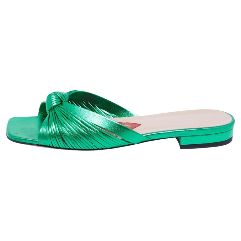 Gucci Metallic Green Leather Knotted Slide Flat Sandals Size 37.5 For ...