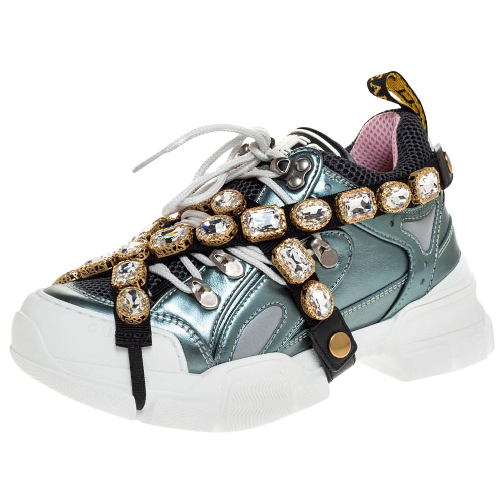 Gucci Metallic Leather and Mesh Flashtrek Removable Crystals Sneakers ...