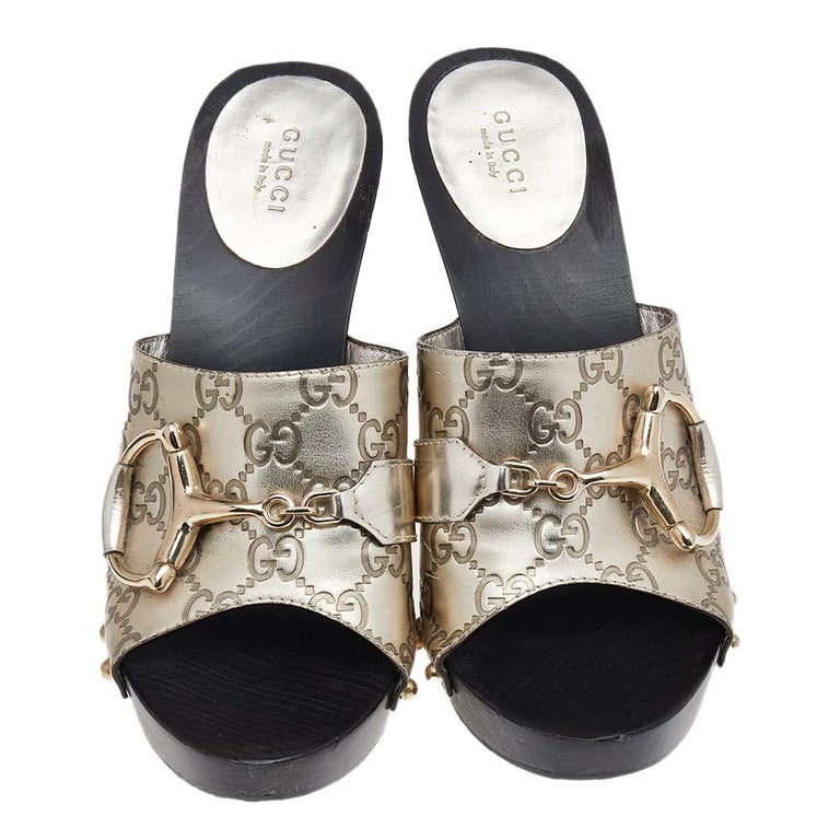 Gucci Metallic Monogram Leather 'Icon Bit' Wooden Clog Slides Size 39.5 ...