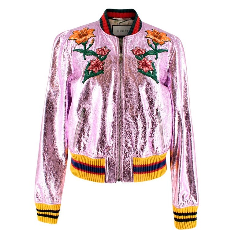 Gucci Metallic Pink Embroidered Bomber Jacket L 46 at 1stDibs