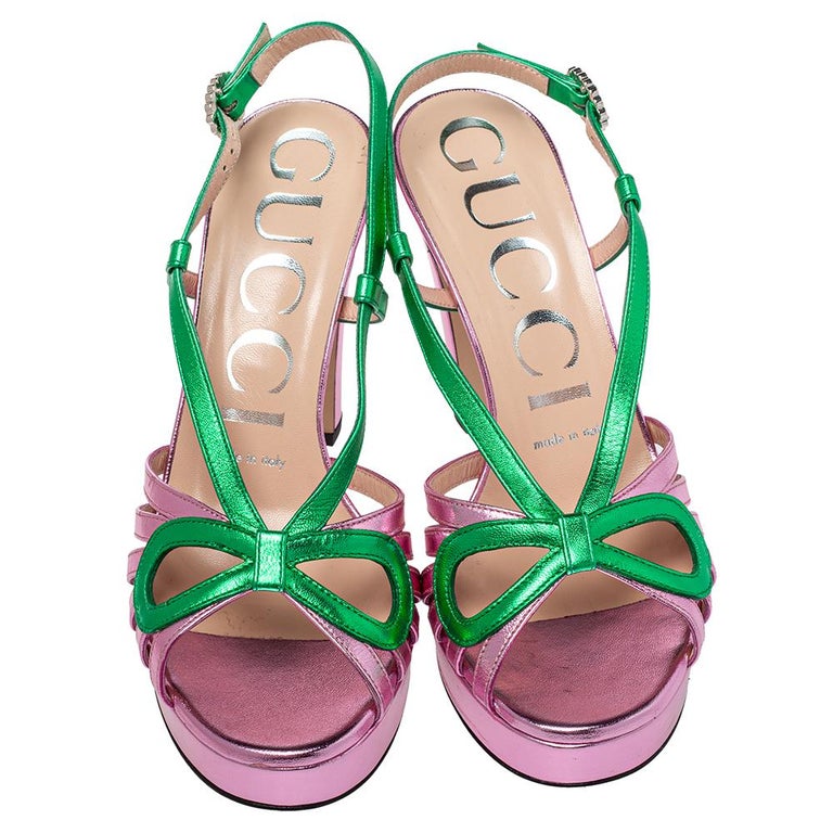 Gucci Metallic Pink/Green Leather Platform Slingback Sandals Size 36 at ...