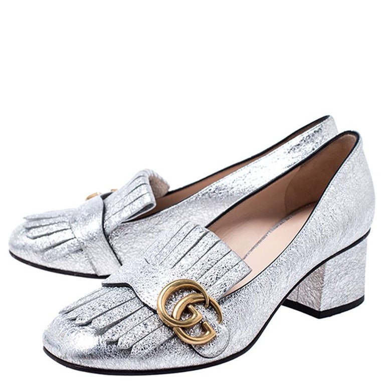 Gucci Metallic Silver Foil Leather GG Marmont Fringe Detail Block Heel ...