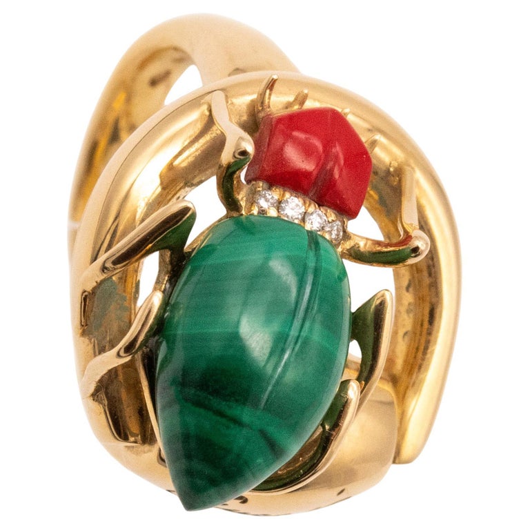 Gucci Milano 18Kt Yellow Gold Beetle Ring with Diamonds, Coral and ...