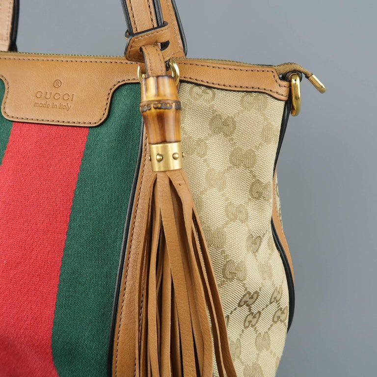 Gucci Monogram Canvas Tan Leather Green and Red Stripe Tassel Handbag ...