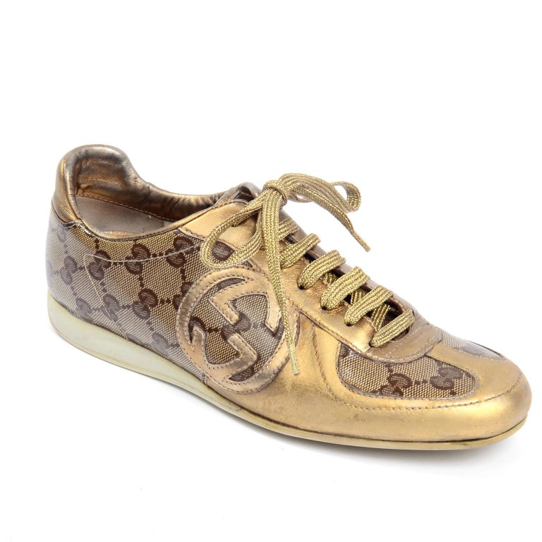 Gucci Monogram Logo Gold Sneakers Canvas and Leather Trainers w Box and ...