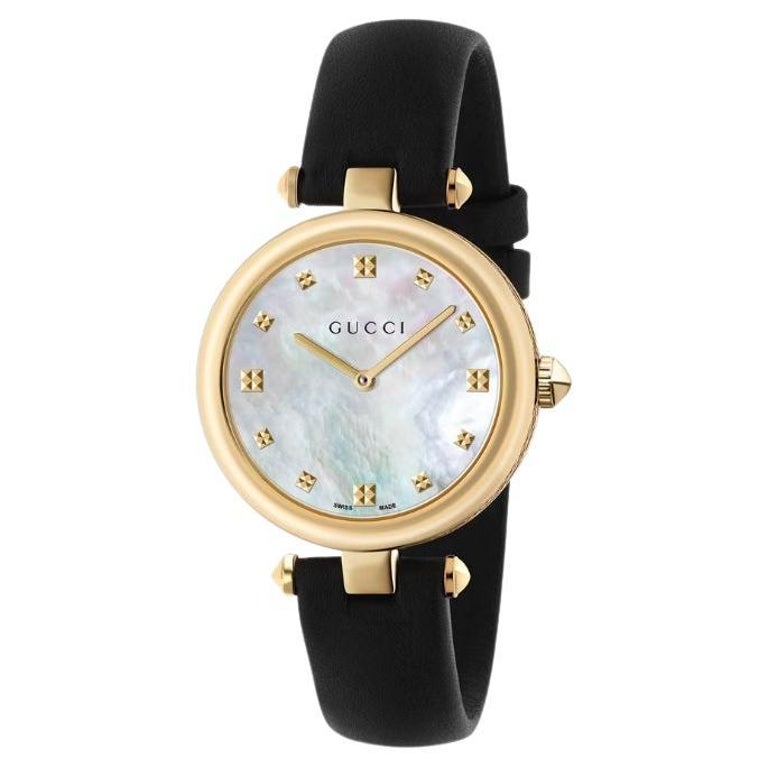 Gucci Mother of Pearl Dial PVD Case with Black Leather Strap Watch ...