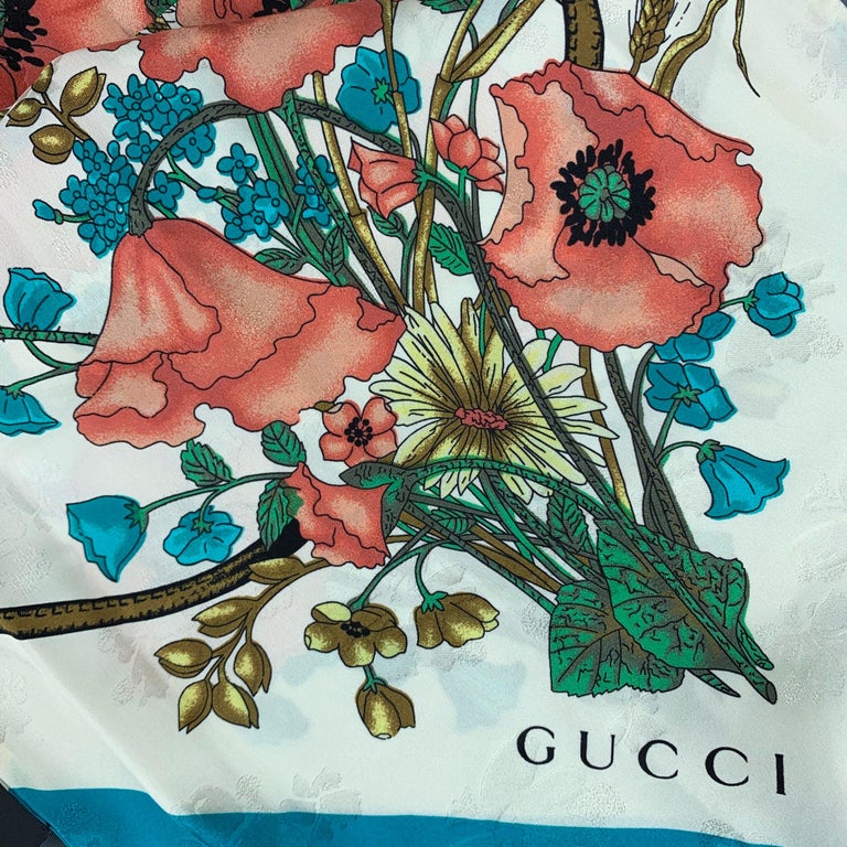 GUCCI Multi-Color Floral Silk Turquoise Border Ascot at 1stDibs