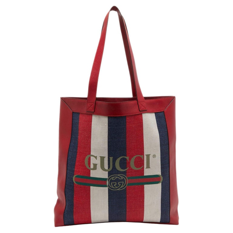 Gucci Multicolor Canvas and Leather Striped Logo Tote For Sale at 1stDibs